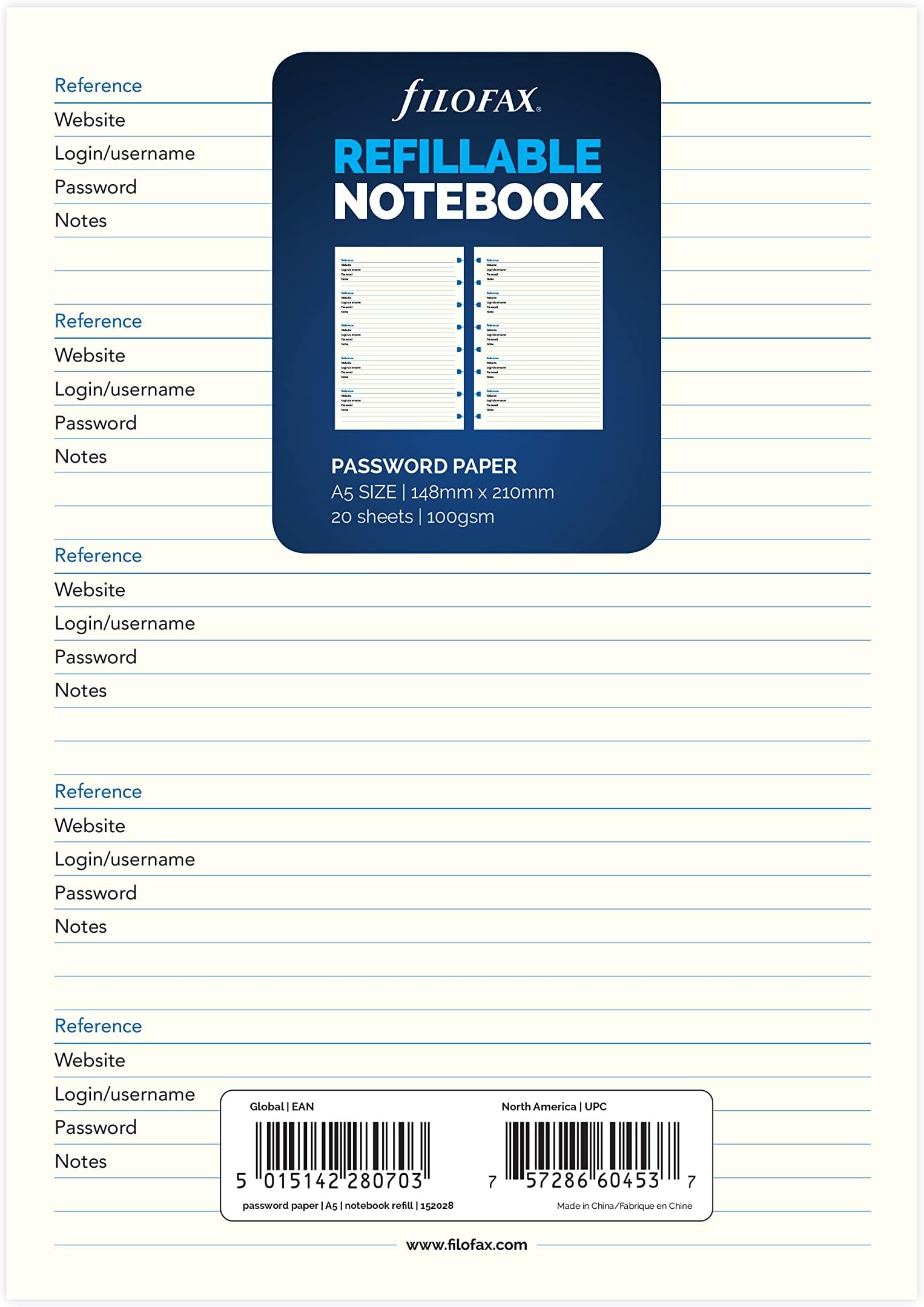 Filofax A5 Refillable Notebook Refill - Password Paper, White : Amazon ...