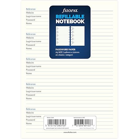 Filofax A5 Refillable Notebook Refill - Password Paper, White : Amazon ...