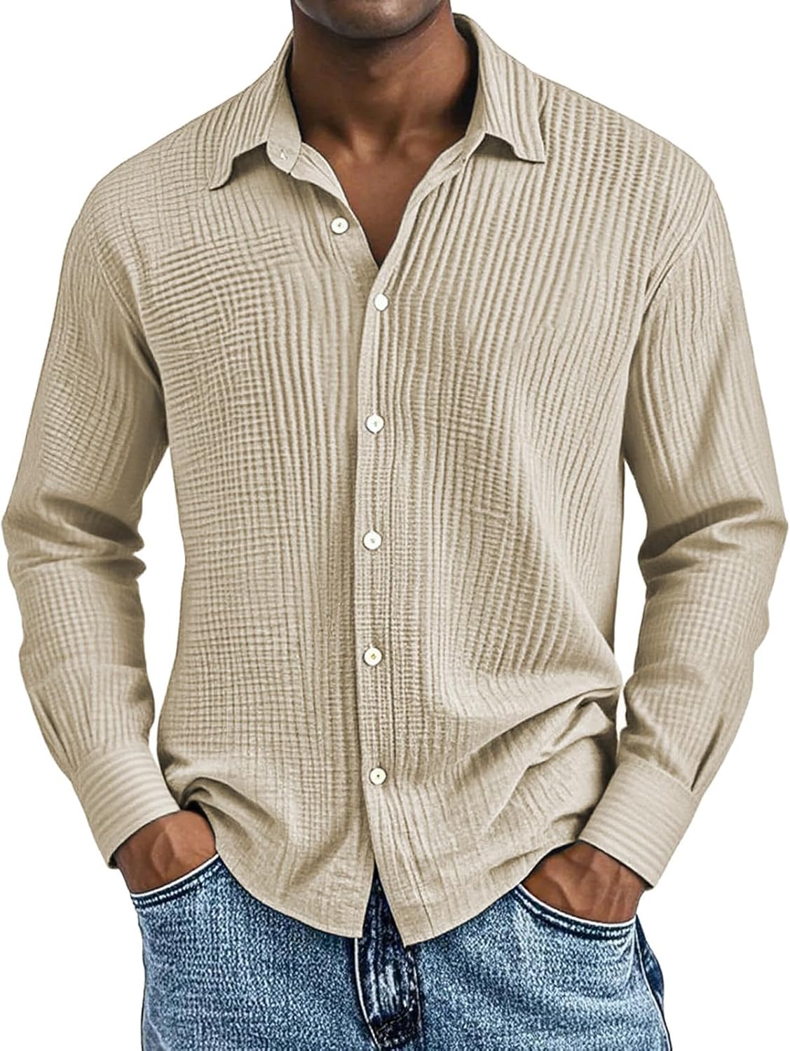 Amazon.com: Mens Casual Button Down Shirt Long Sleeve Textured Regular ...
