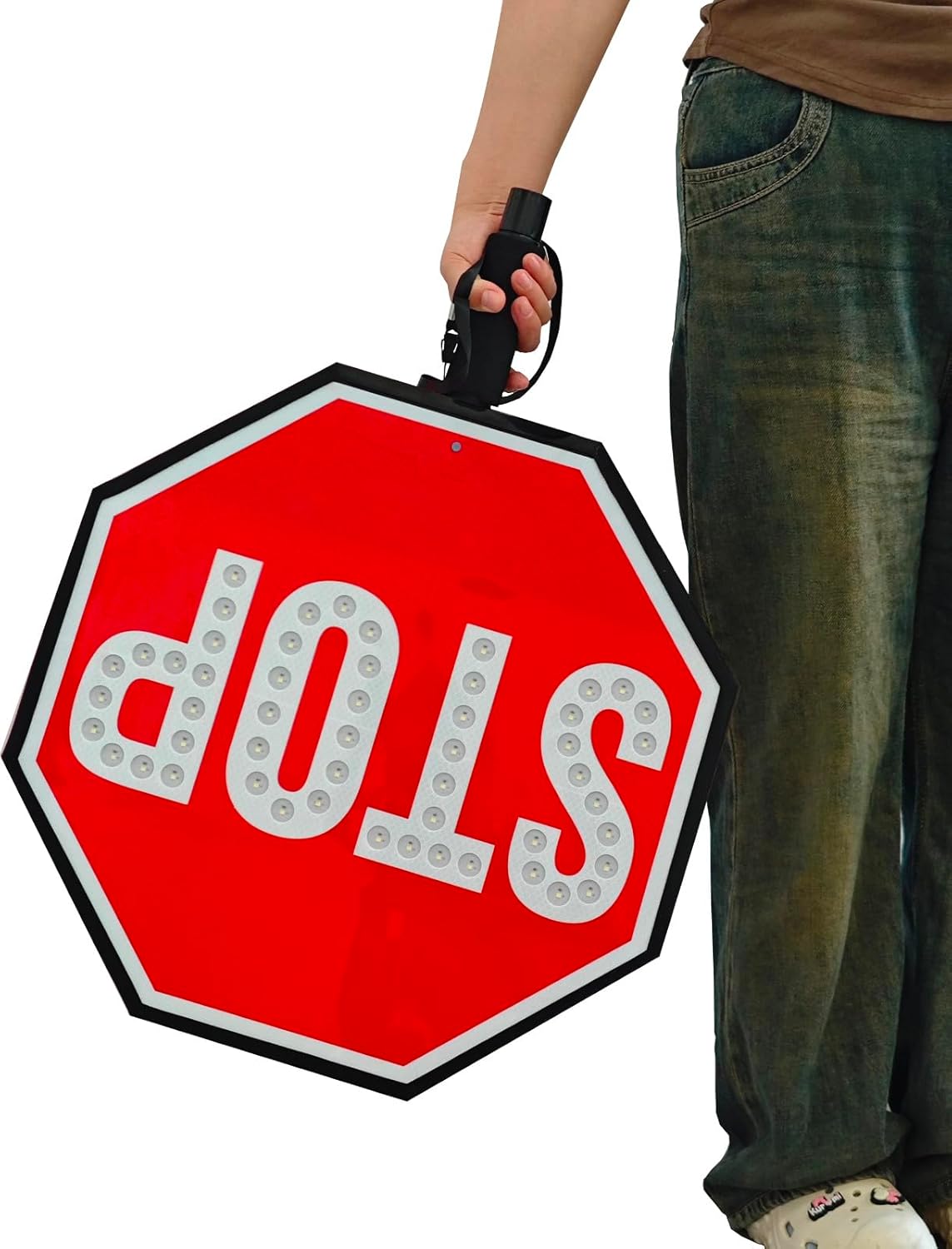 17.7" LED Stop Paddle, Double-Sided Reflective Hand Held Sign with ...