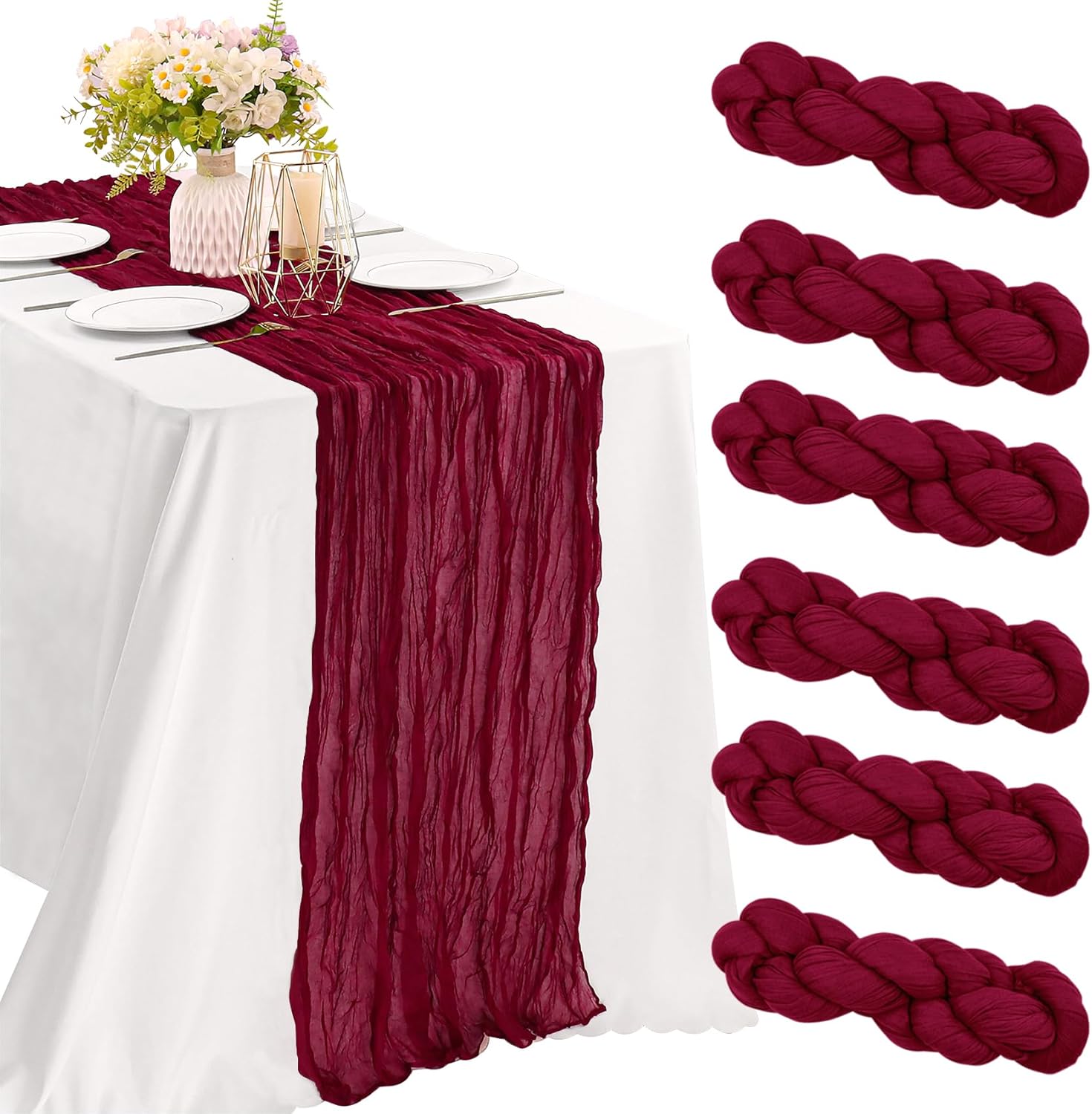 Amazon.com: 6 Pieces Burgundy 10FT Cheesecloth Table Runner Boho Gauze ...