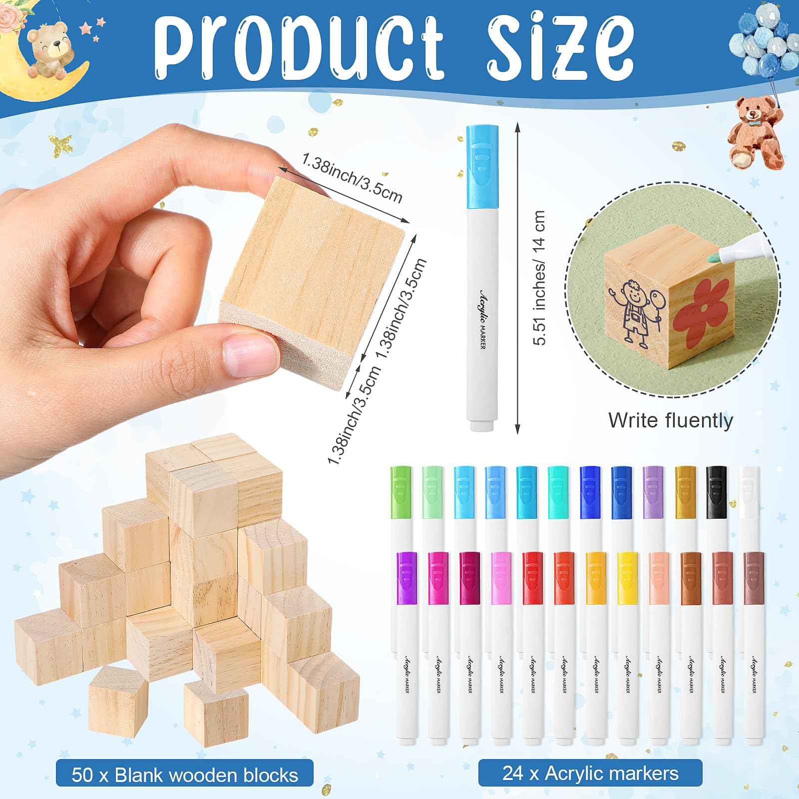 Paint Marker Set 73-Piece Baby Shower Game Kit - 48 Wooden Blocks & 24 ...