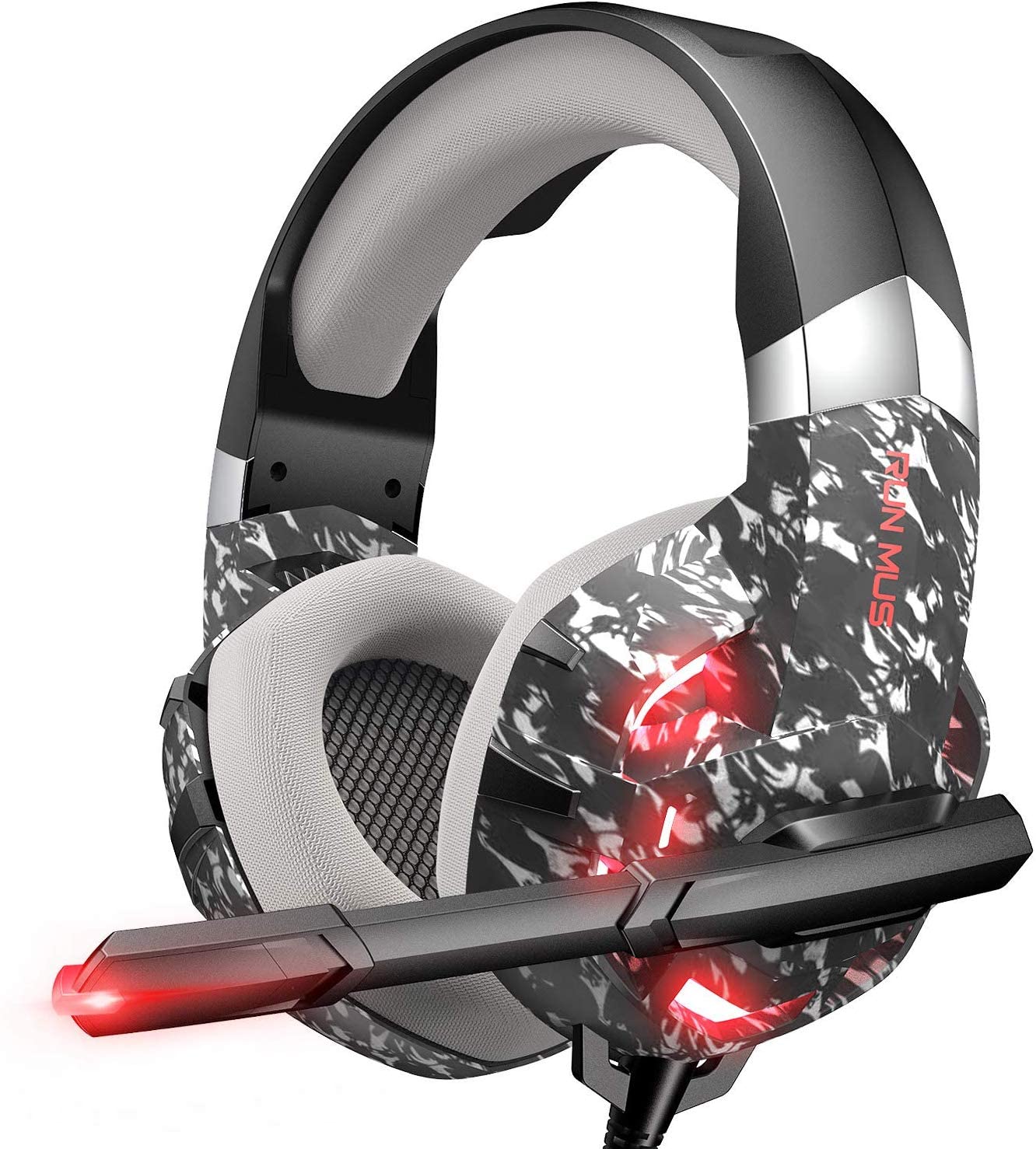 RUNMUS K2 PRO Camo-Grey Wired Gaming Headset, Red LED Lights with Mic ...