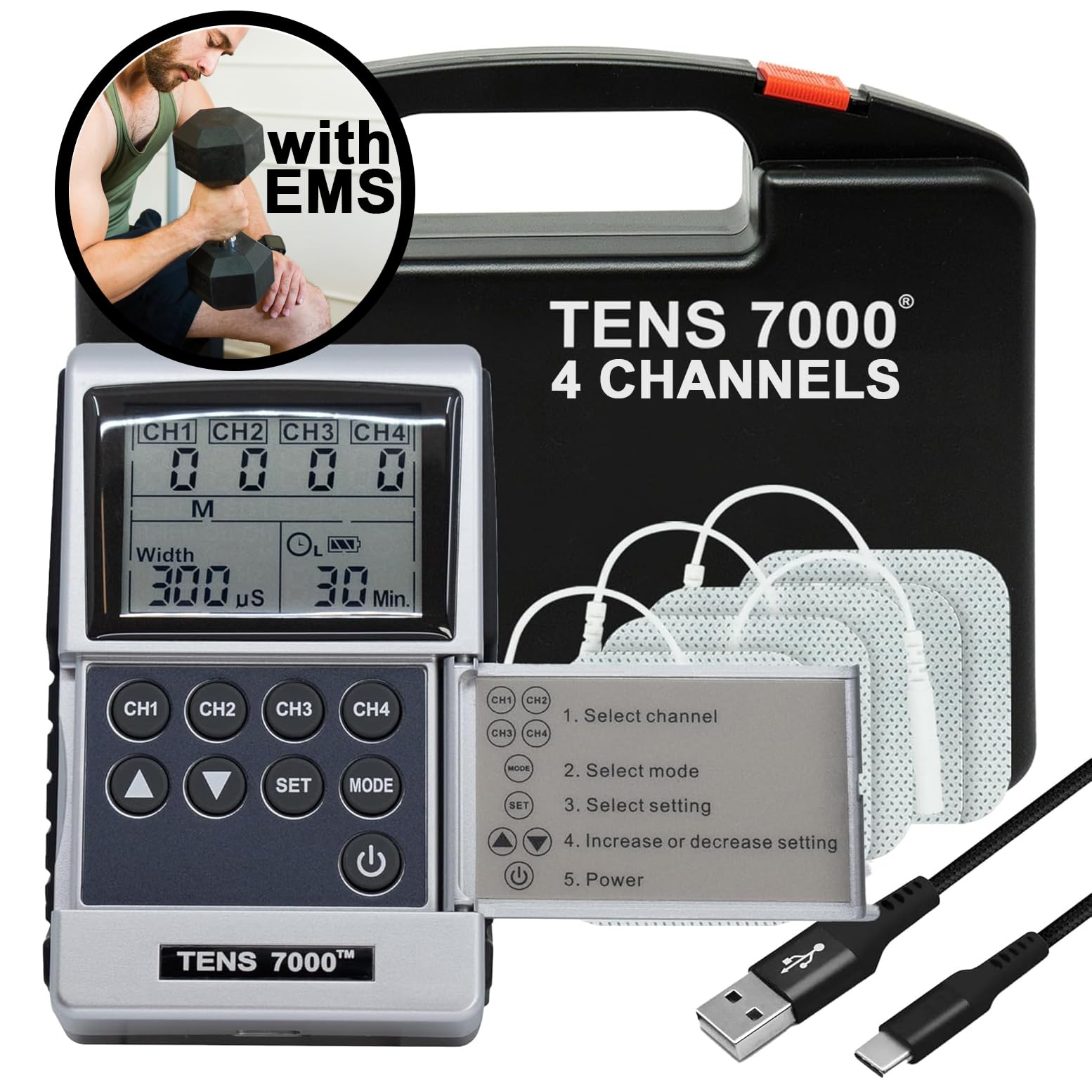 Buy TENS 7000 Pro Rechargeable Tens Unit Muscle Stimulator, 4 Channels ...