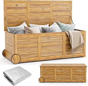 TANGZON 180L Outdoor Storage Box on Wheels, Rolling Patio Wooden Deck ...