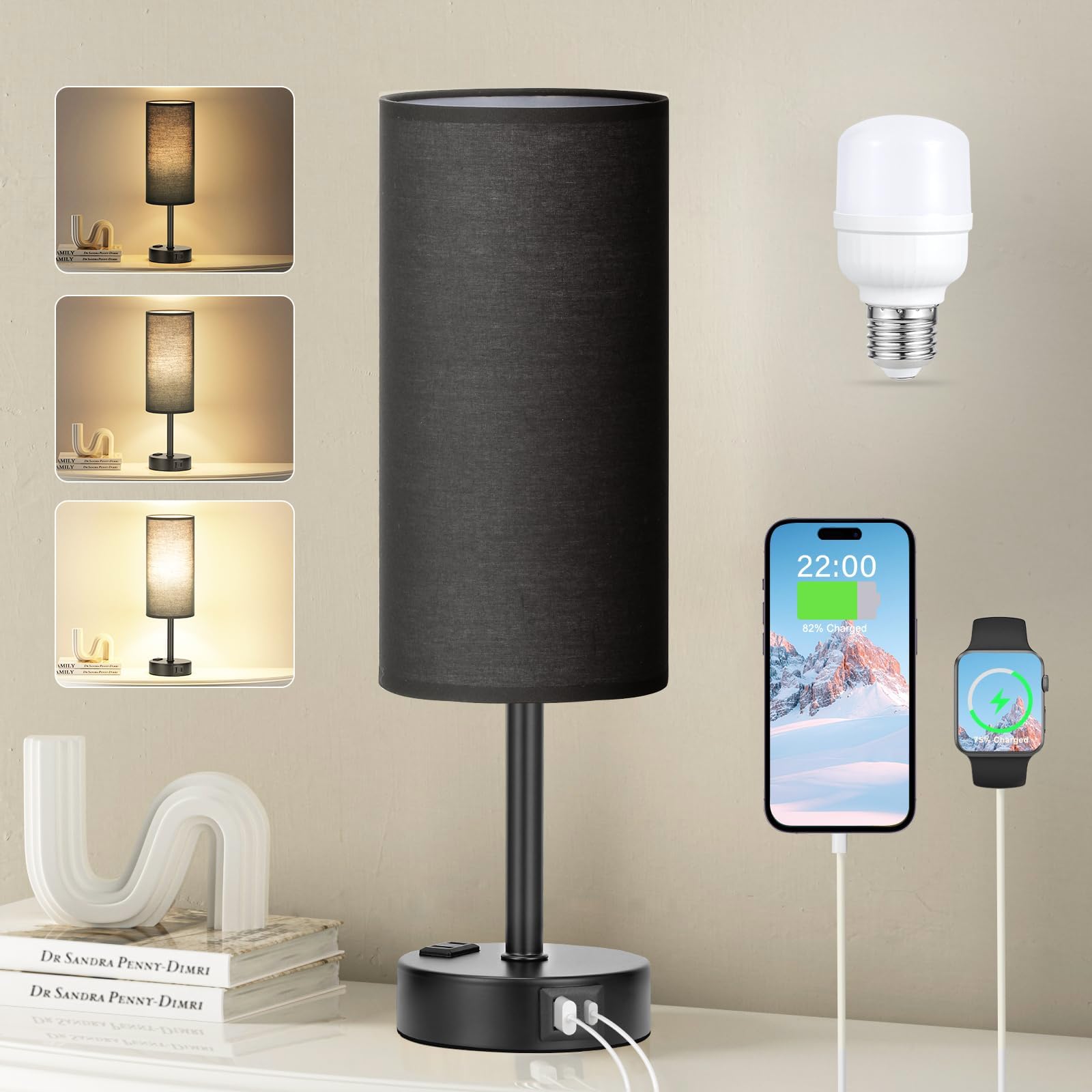 Fenmzee Black Bedroom Lamp for Nightstand - 3 Way Dimmable Bedside Lamp ...