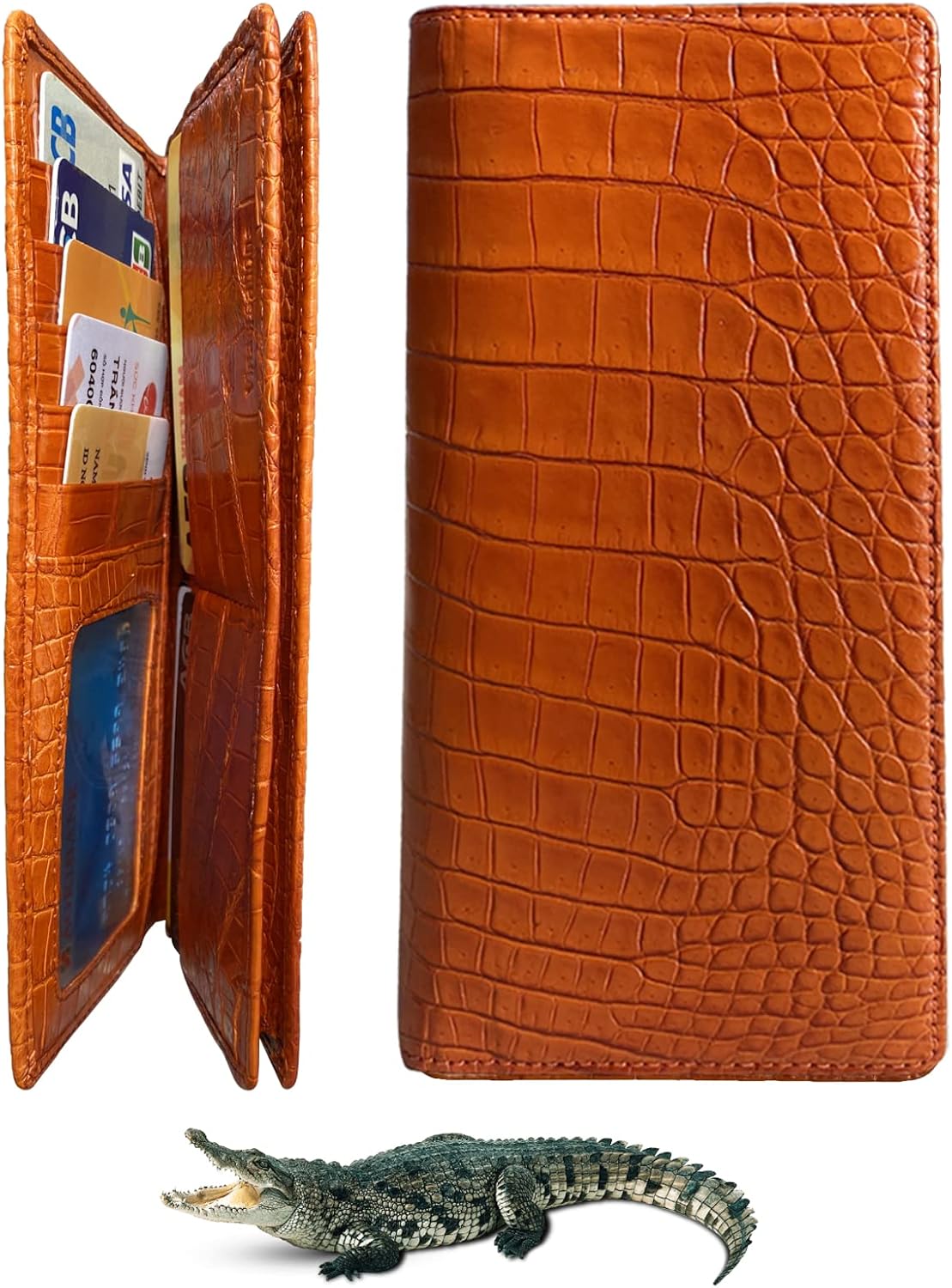 Amazon.com: Orange Mens Long Leather Wallet Alligator Double Side ...