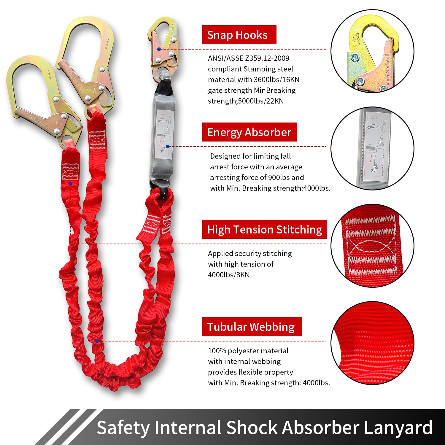Snapklik.com : Safety Harness Fall Protection Lanyard-6FT Double Leg ...