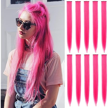 Amazon.com : 12PCS Colored Light pink Hair Extensions Straight ...