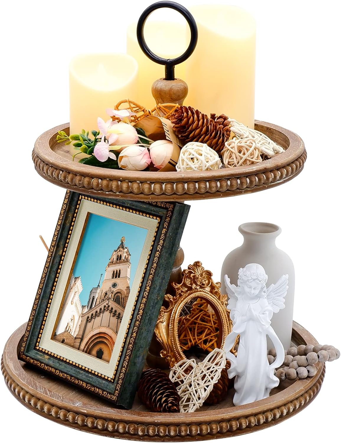 Amazon.com: Toolteng Wooden Two Tiered Tray, Decorative Wooden Tiered ...