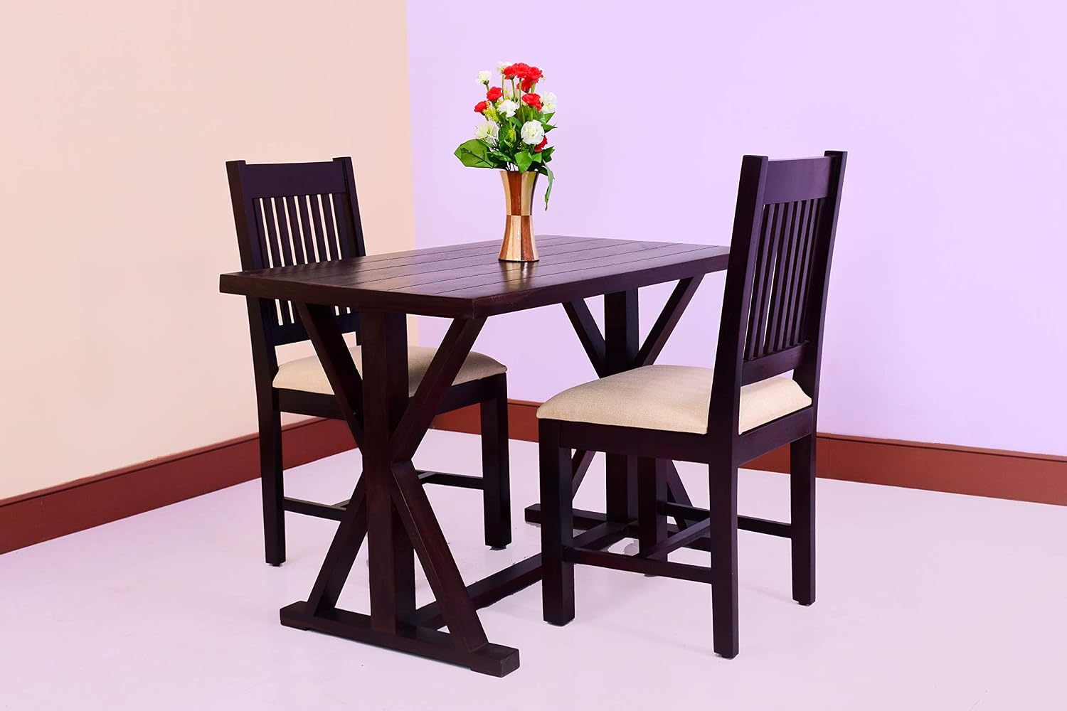 Furniseworld Sheesham Wood 2 Seater Dining Table with 2 Cushion Chairs ...