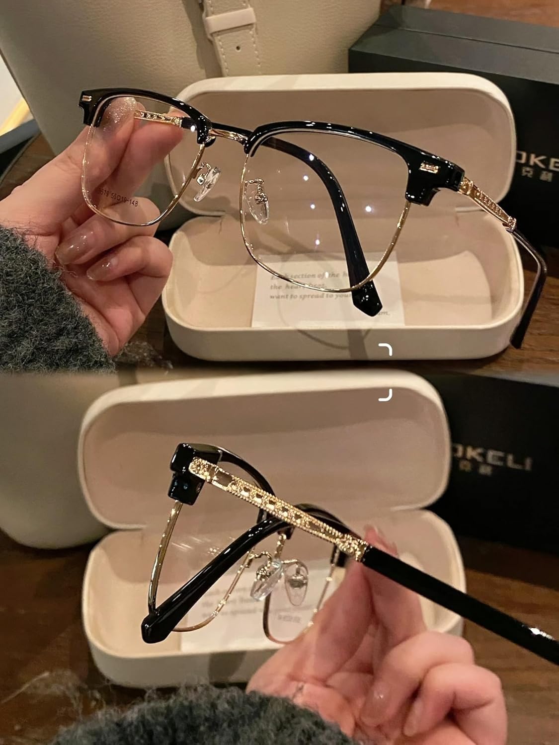 Designer Semi-Rimless Eyeglasses Frame, Black and Gold Metal Frame ...
