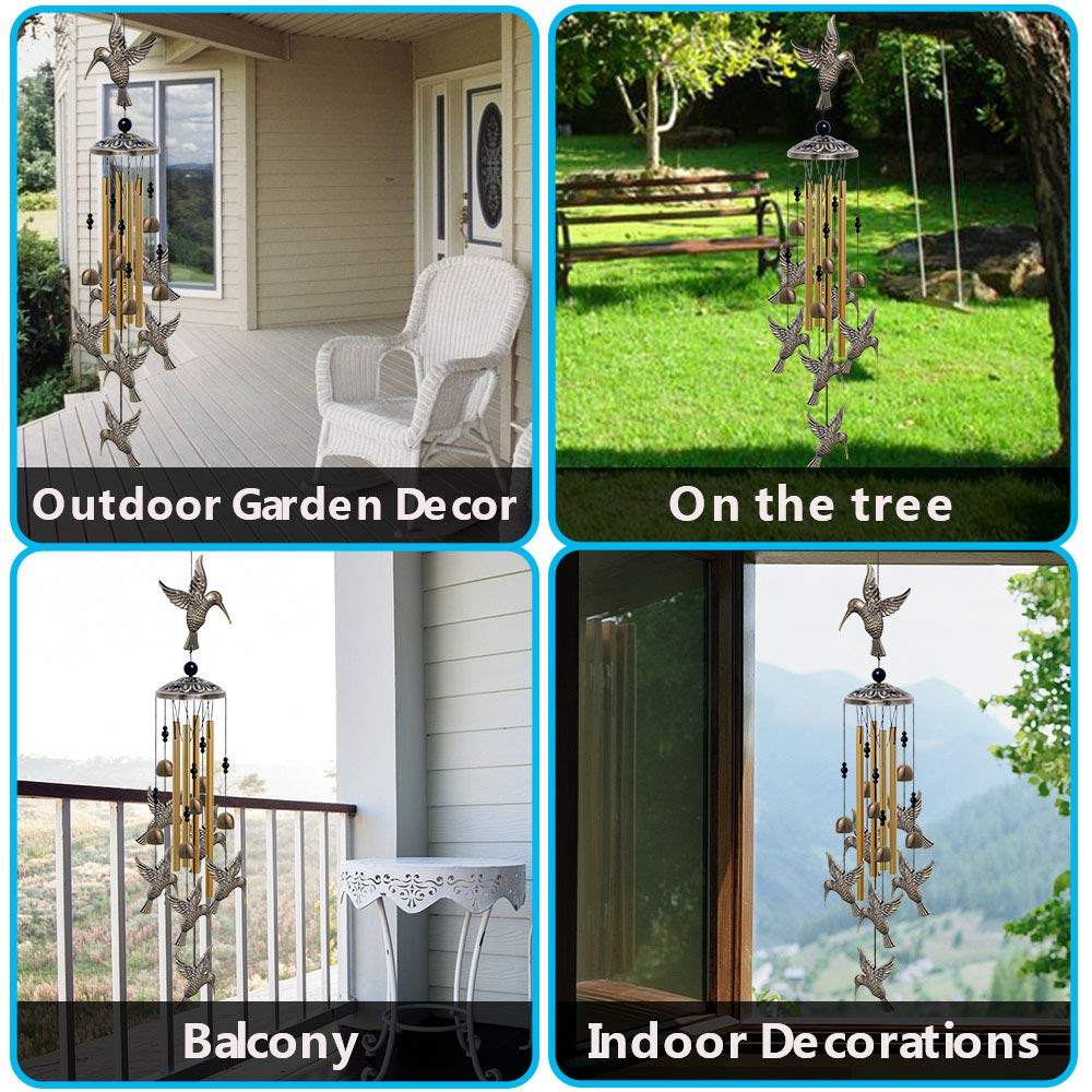 Large Hummingbird Wind Chimes Bronze Metal Balanced Hummingbirds Wind