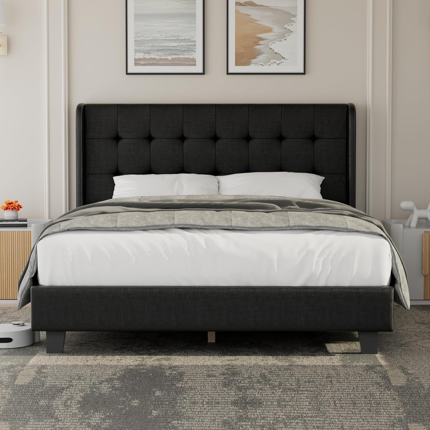 Amazon.com: Living Formula Queen Bed Frame, Upholstered Platform Bed ...
