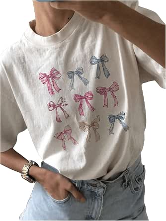 RoseSeek Women's Bow Print T Shirt Short Sleeve Crew Neck Summer Casual ...