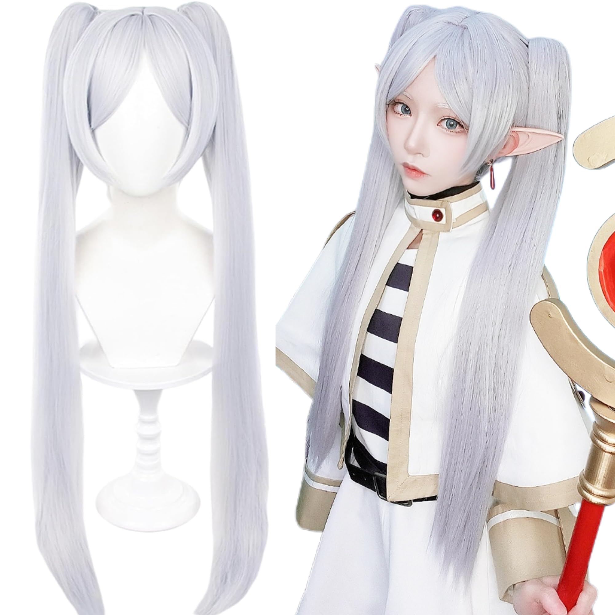 Amazon.com: Sousou no Frieren Frieren Cosplay Wig Pigtail White Long ...