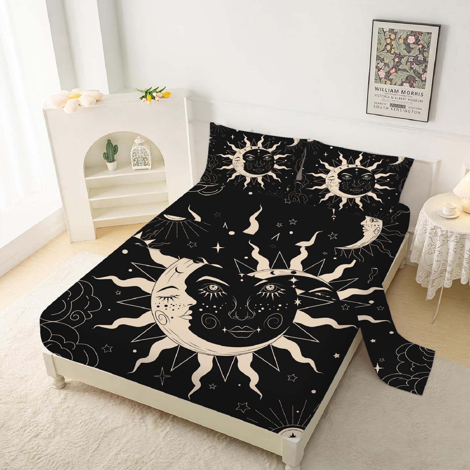 Amazon.com: kxry Black Sun and Moon Fitted Sheet Sets Boho Celestial ...