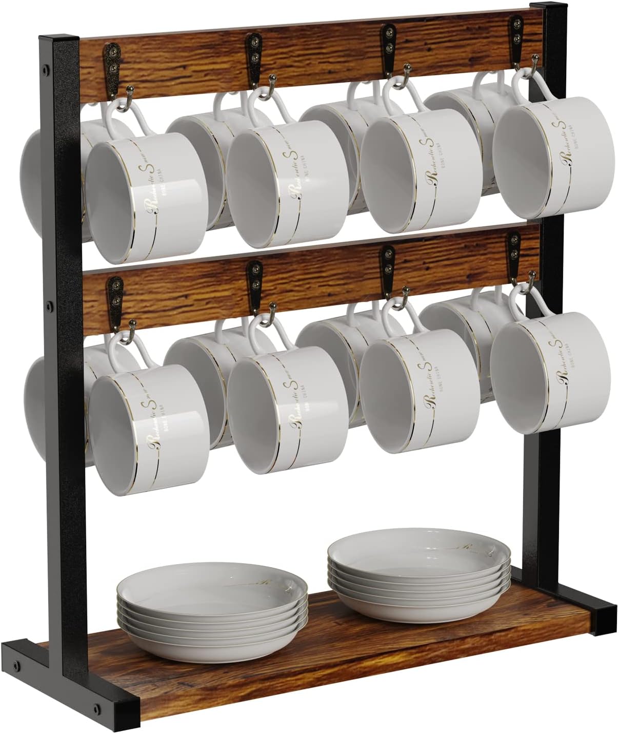 Puricon Mug Holder Coffee Cup Shelf for Counter, 2 Tier Wood Mug Tree ...