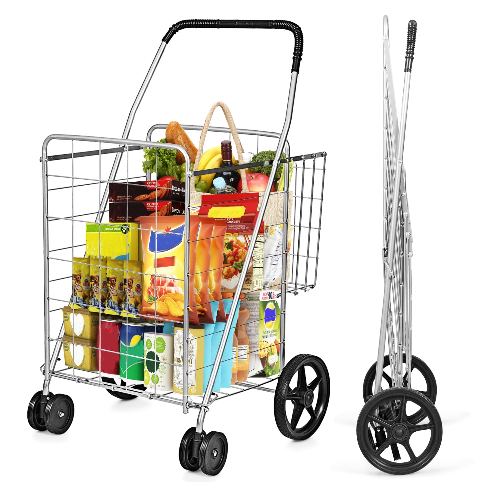 Amazon.com: COSTWAY Folding Shopping Cart, Metal Grocery Cart with ...