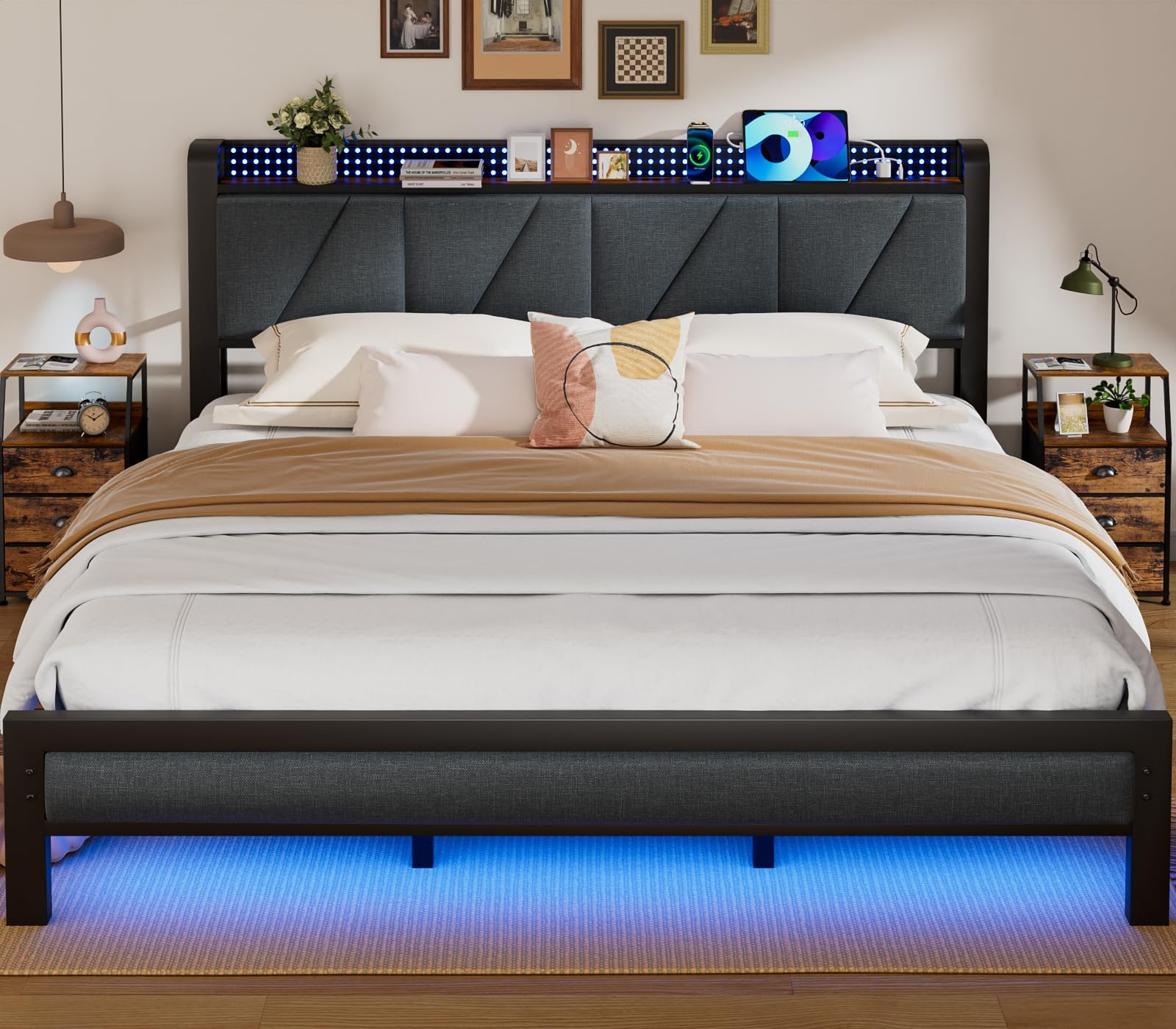 Amazon.com: IDEALHOUSE 2024 New Bed Frame with Storage Headboard ...
