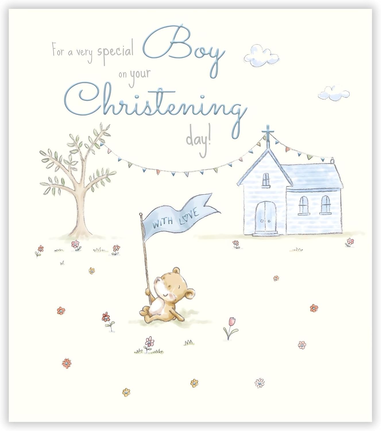 Christening Congratulations Card for Boys - For Him - Bear and Church ...