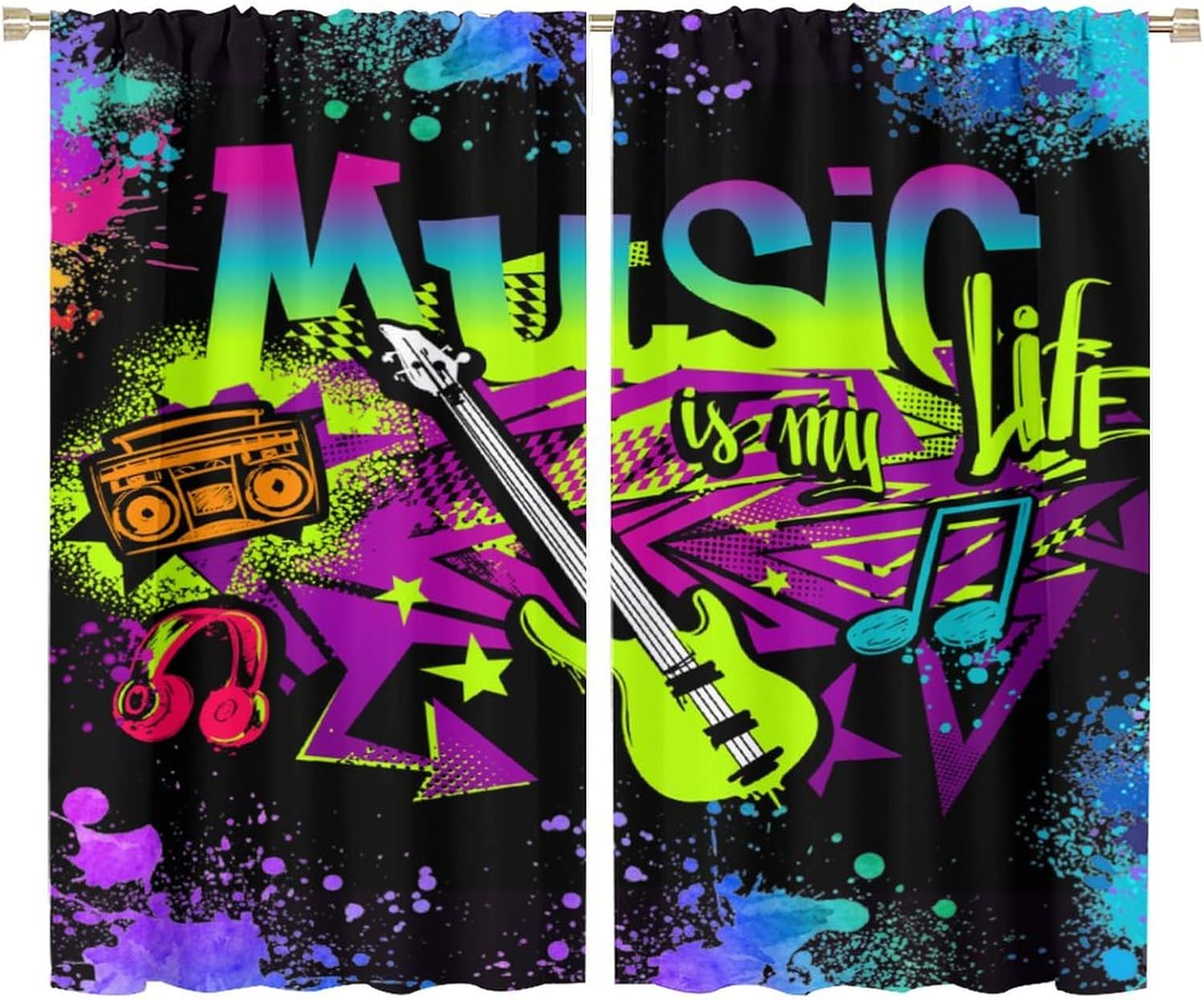 Amazon.com: Music Curtains,Colourful Graffiti Rock Guitar Printed ...