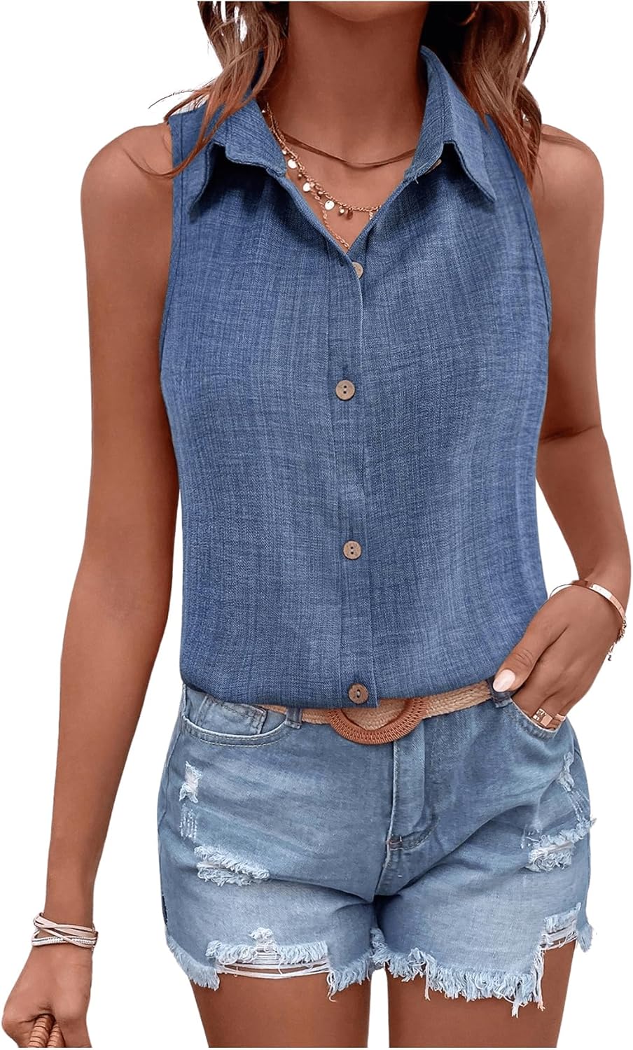 Verdusa Women's Casual Collared Button Front Sleeveless Shirts Work ...