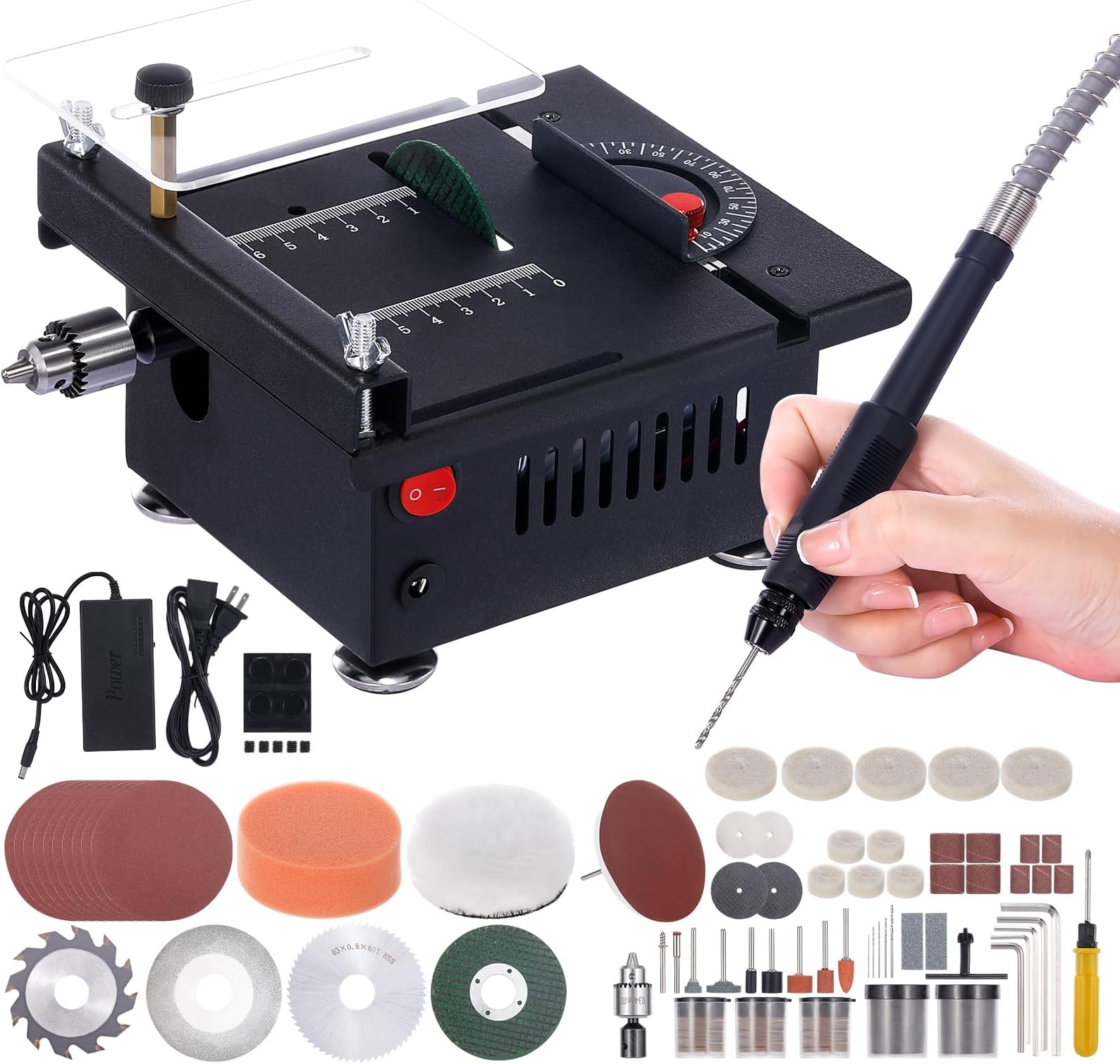 Vislone 100W Mini Table Saw Desktop Electric Saw Cutter 7-Speed Angle ...