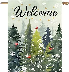 Amazon.com : Welcome Winter House Flags Snowy Forest Pine Tree Garden ...
