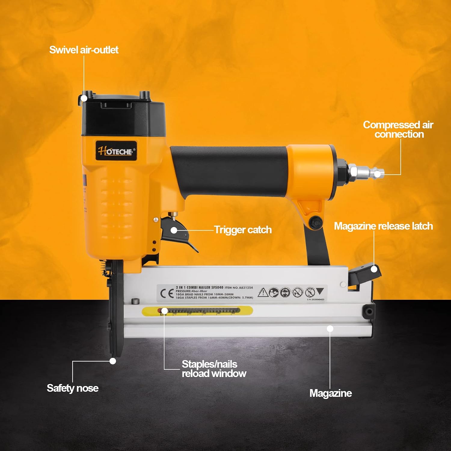 Buy Hoteche 2-in-1 Pneumatic Brad Nailer 18Ga 3/8-Inch to 2-Inch Staple ...