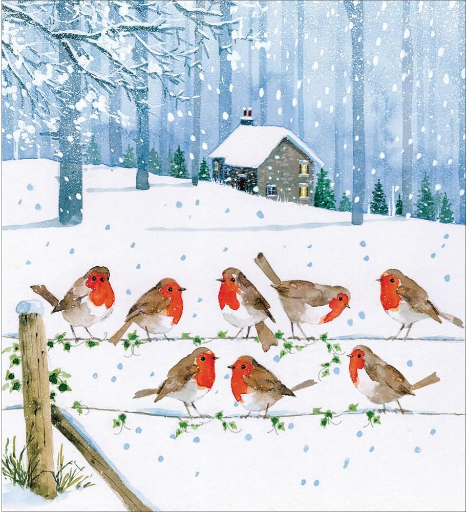 Woodmansterne Artistic Charity Christmas Cards - Winter Robins on Wire ...