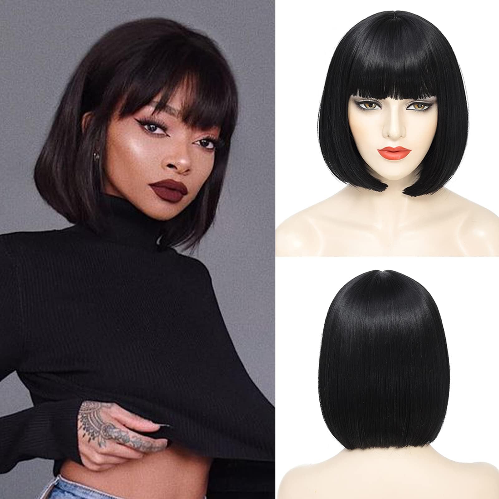 Amazon.com : YBYMCAI Black Bob Wigs For Women Short Black Bob Wig With ...