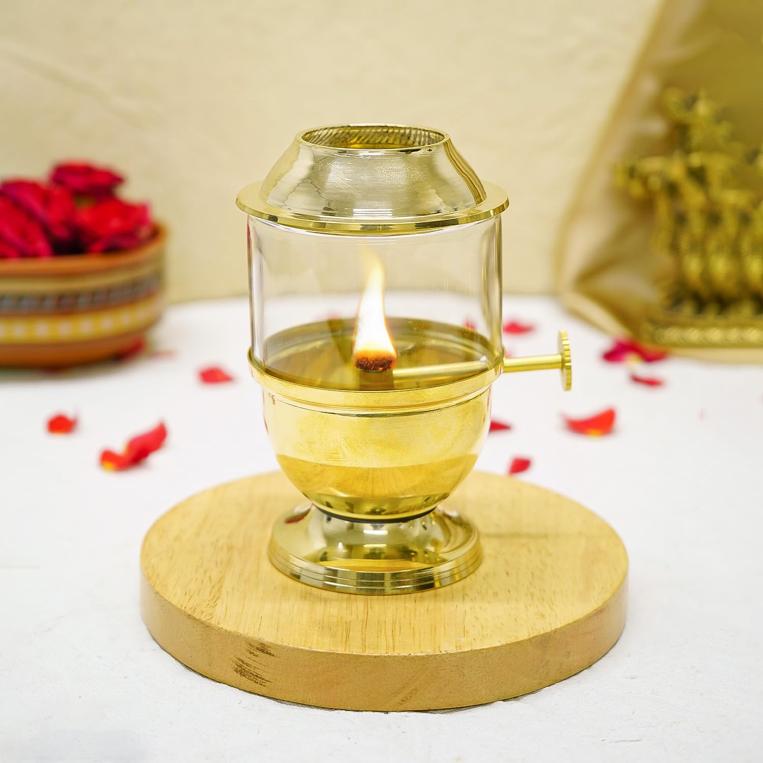 Buy Ekhasa 100% Pure Brass Akhand Jyot Diya with Adjustable Bati Knob, Wick Lifting Screw Lever ...