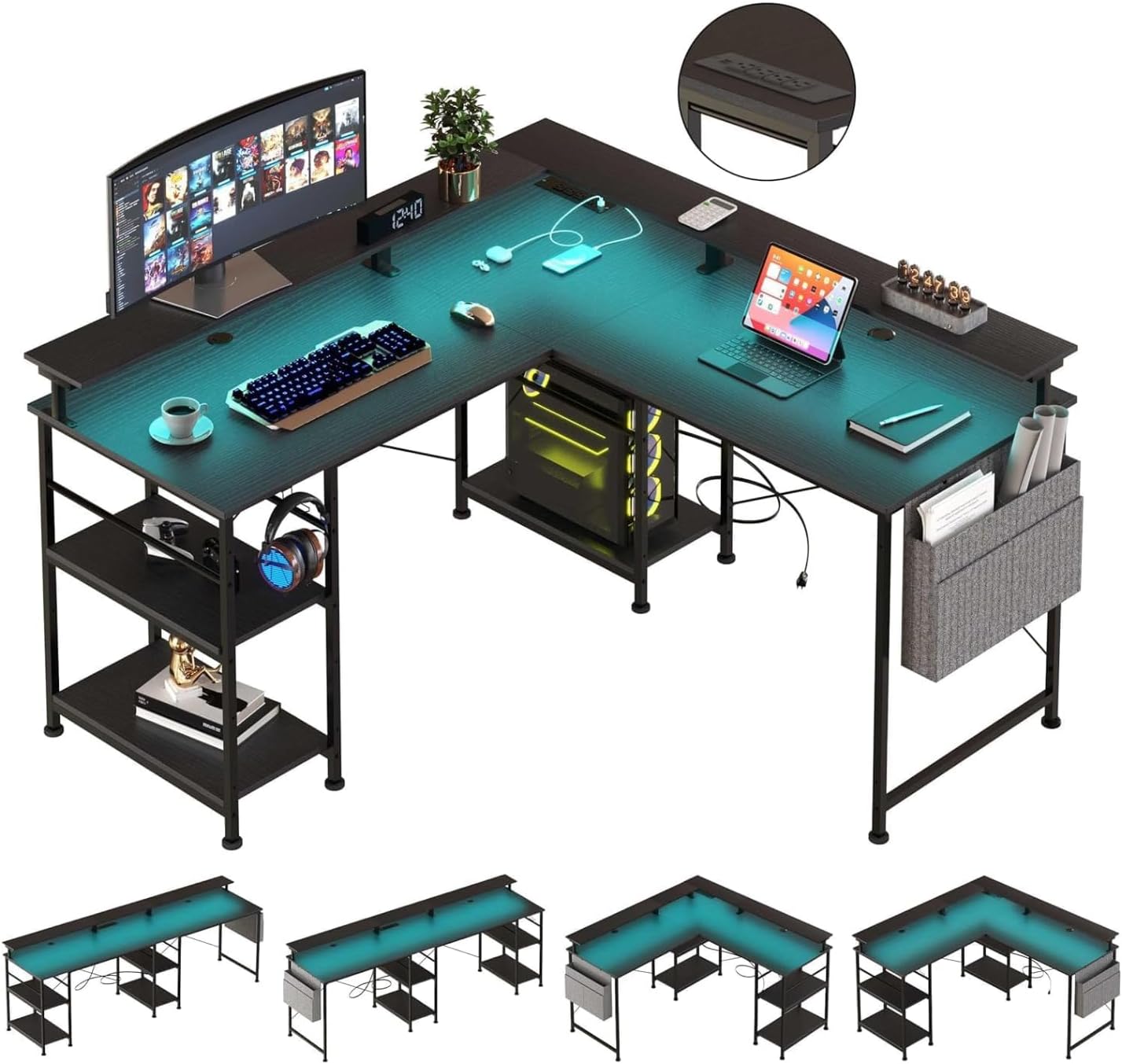 wOod-it Gaming Desk, 55" L-Shaped PC Gaming Table with LED Lights ...