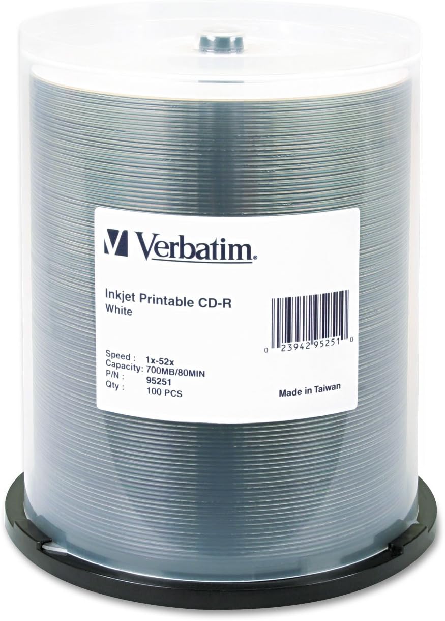Amazon.com: Verbatim CD-R 700MB 52X White Inkjet Printable Recordable Media Disc - 100pk Spindle ...