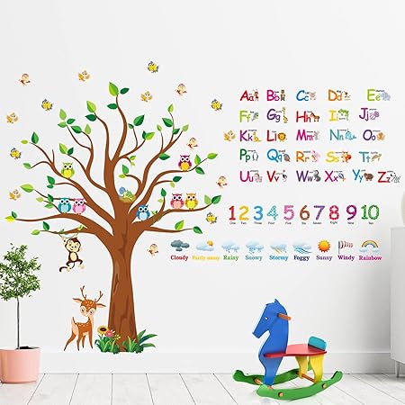 Amazon.com: 3 Sheets Animal Alphabet and Numbers Tree Wall Decals ABC ...