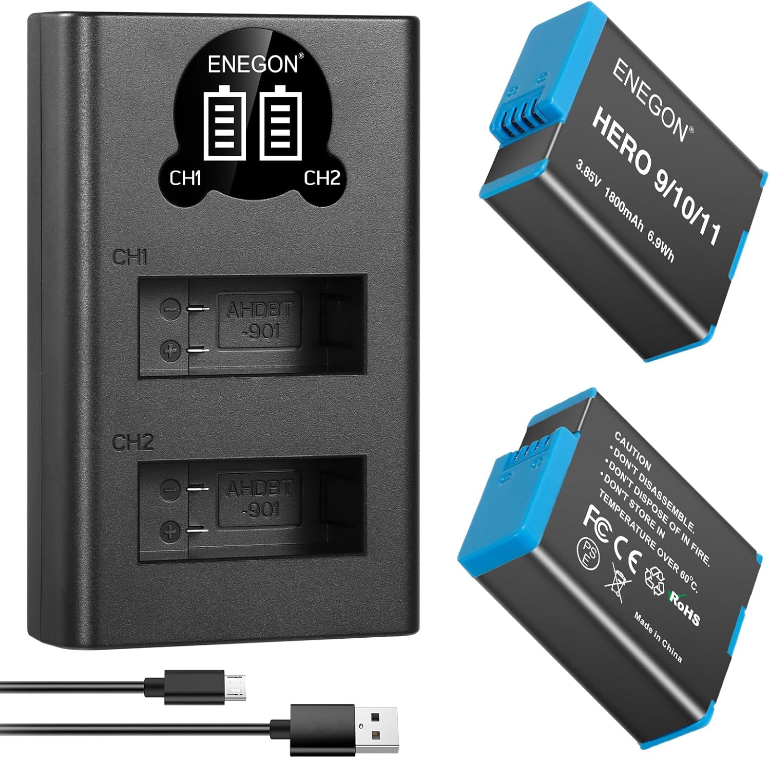 ENEGON Hero 12 11 10 9 Battery 1800mAh 2 Pack Rechargeable Li-Ion ...