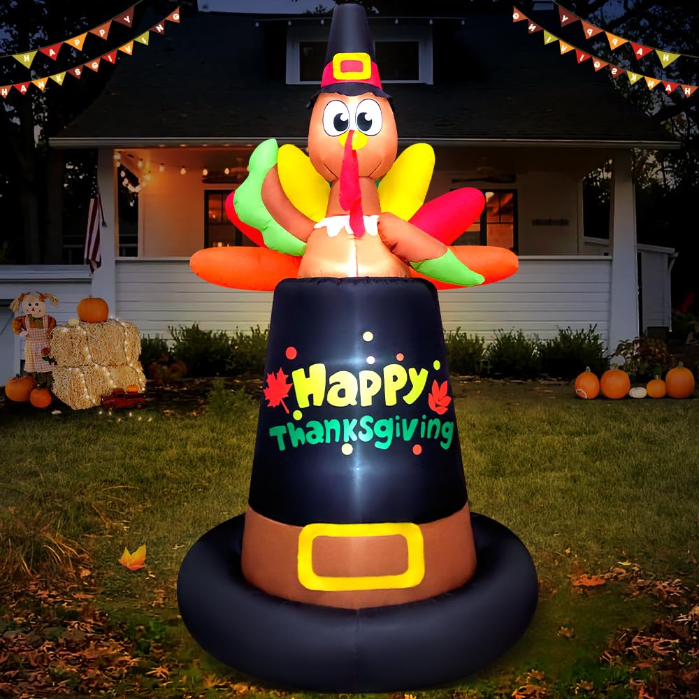 Amazon.com: 8FT Thanksgiving Inflatable Turkey Sits on Pilgrim Hat ...