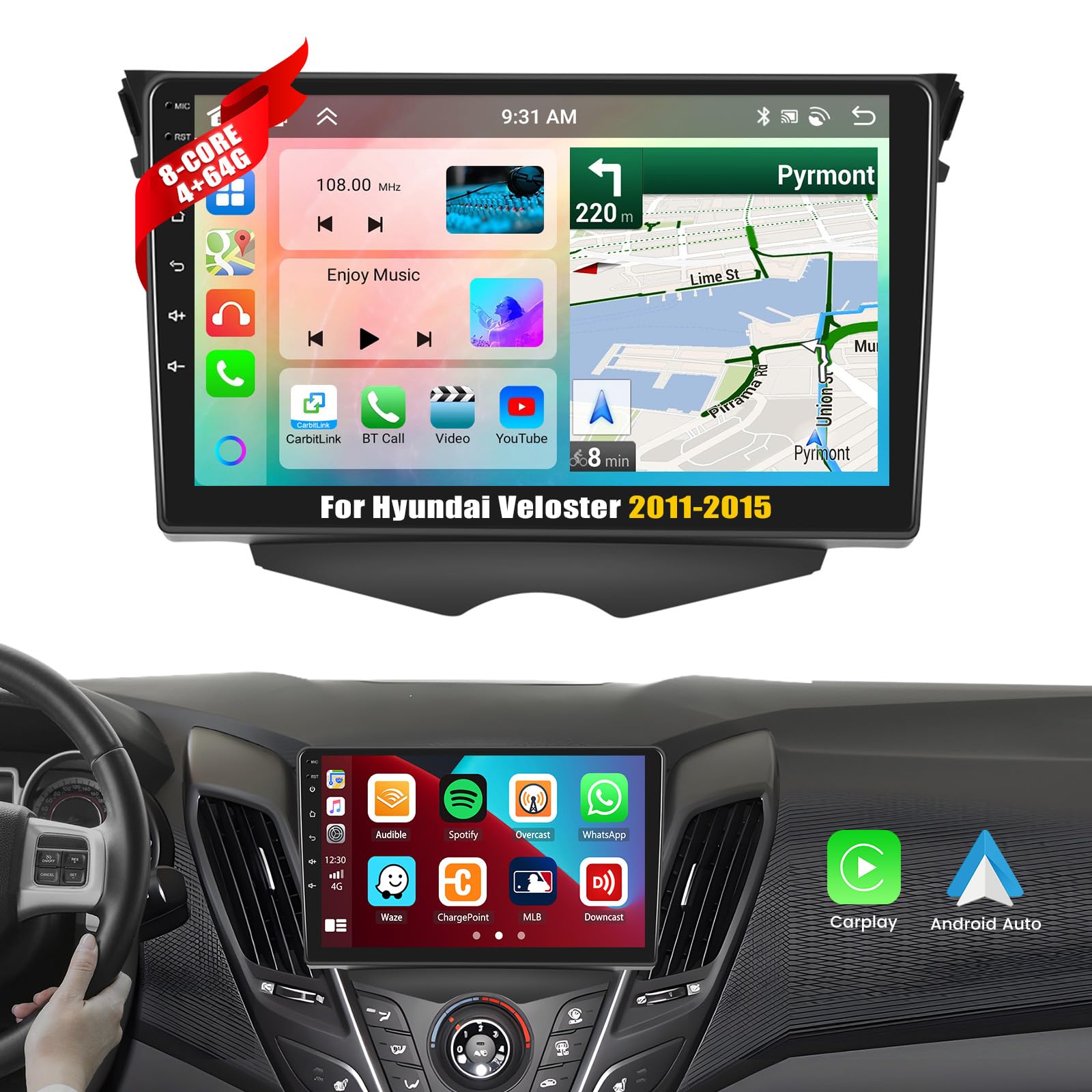 Amazon.com: [8 Core 4G+64G] Android 13 Car Stereo for Hyundai Veloster ...
