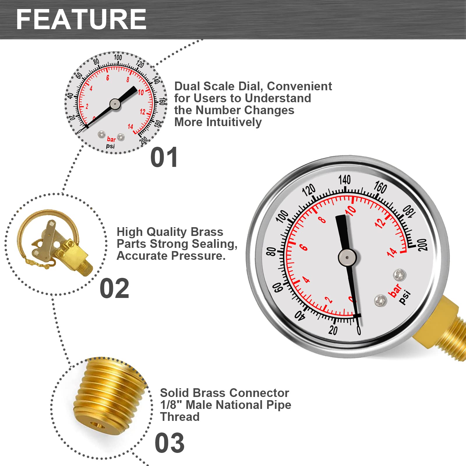 Snapklik.com : GODESON Air Pressure Gauge 0-200PSI, 2" Dial Face Air ...