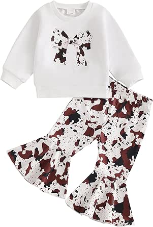 Amazon.com: Toddler Baby Girls Western Outfit Bow Cow Print Long Sleeve Sweatshirt Flare Pants ...