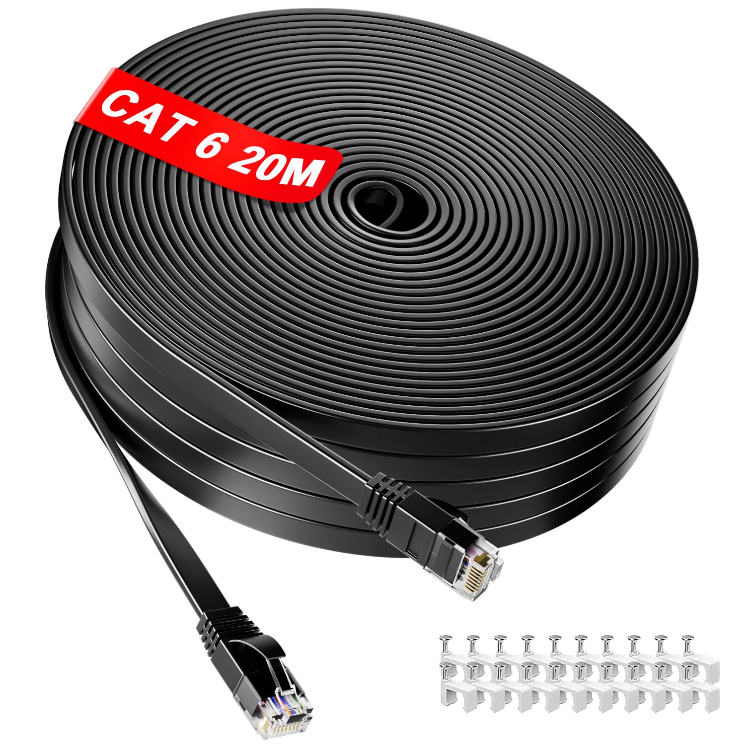 Long Ethernet Cable 20m, Cat6 Flat Network Cable Cable RJ45 Ikbc High ...