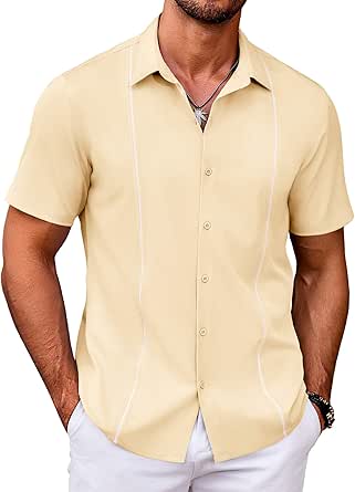 Amazon.com: COOFANDY Men's Cuban Guayabera Shirt Short Sleeve Button Down Shirts Casual Summer ...