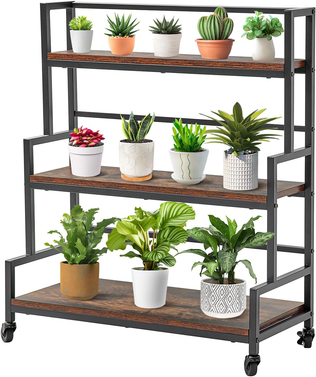 Amazon.com: Rustic Plant Stand with Wheels, 3 Tier Plant Ladder Shelf, Rolling Plant Shelves ...
