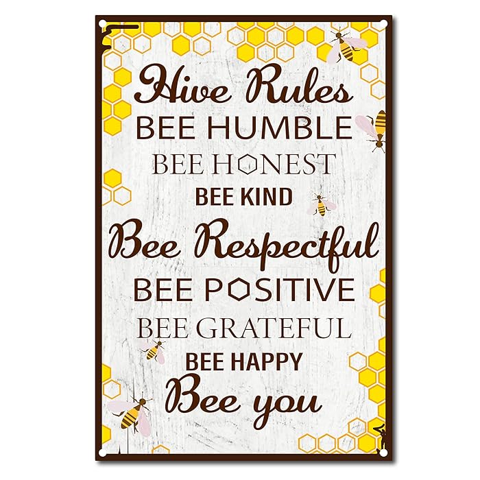 Buy CREATCABIN Metal Tin Sign Hive Rules Bee Happy Retro Vintage Funny ...