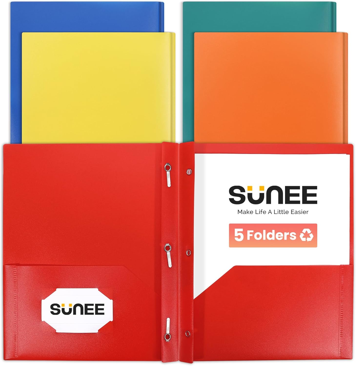 Amazon.com : SUNEE Pocket Folders with Prongs(5 Pack, Assorted Colors) Recycled Plastic Folders ...