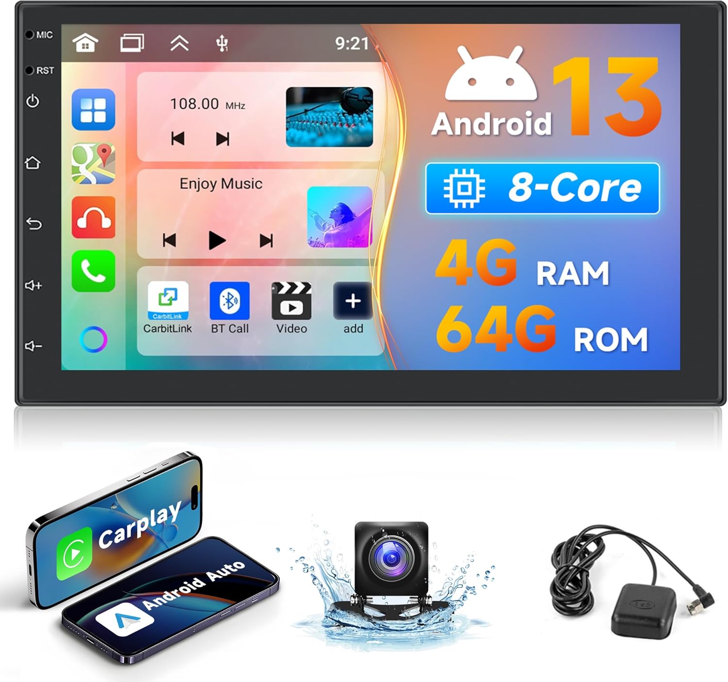 8 Core 4G+64G Double Din Android Car Stereo with Wireless Apple Carplay, Rimoody 7 inch ...