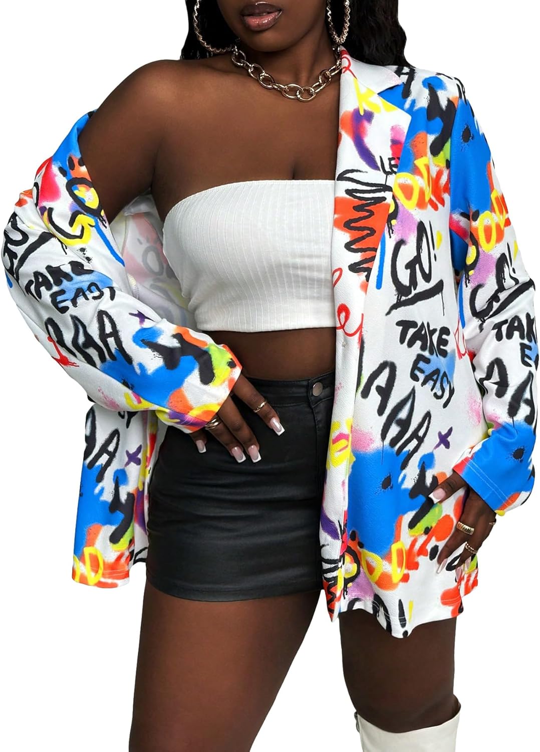 Amazon.com: WDIRARA Women's Plus Size Letter Graphic Print Button Front ...