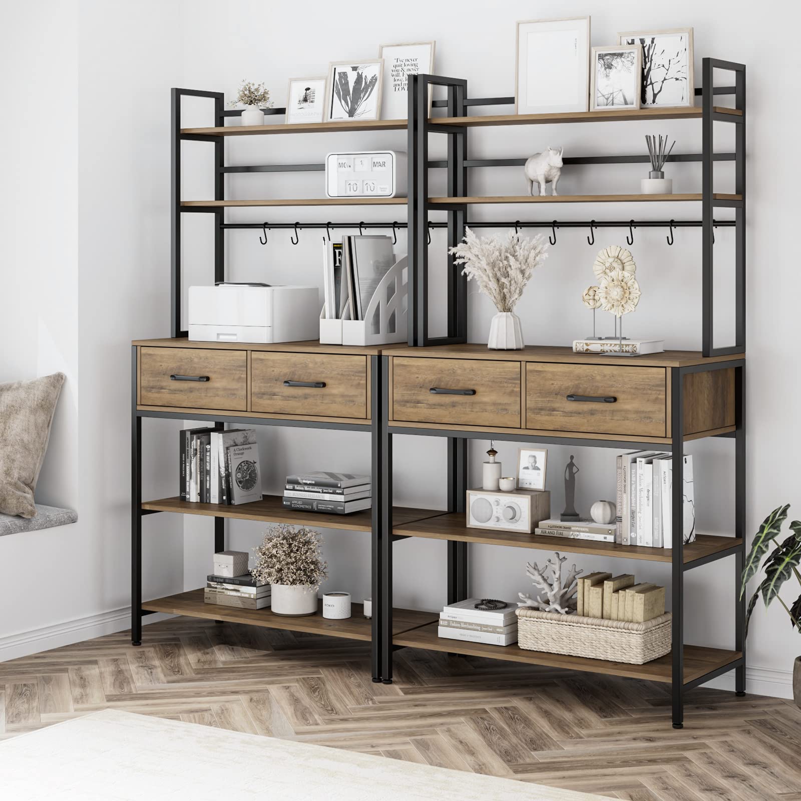 HITHOS Industrial 5-Tier Kitchen Bakers Rack with 2 Drawers, Microwave ...