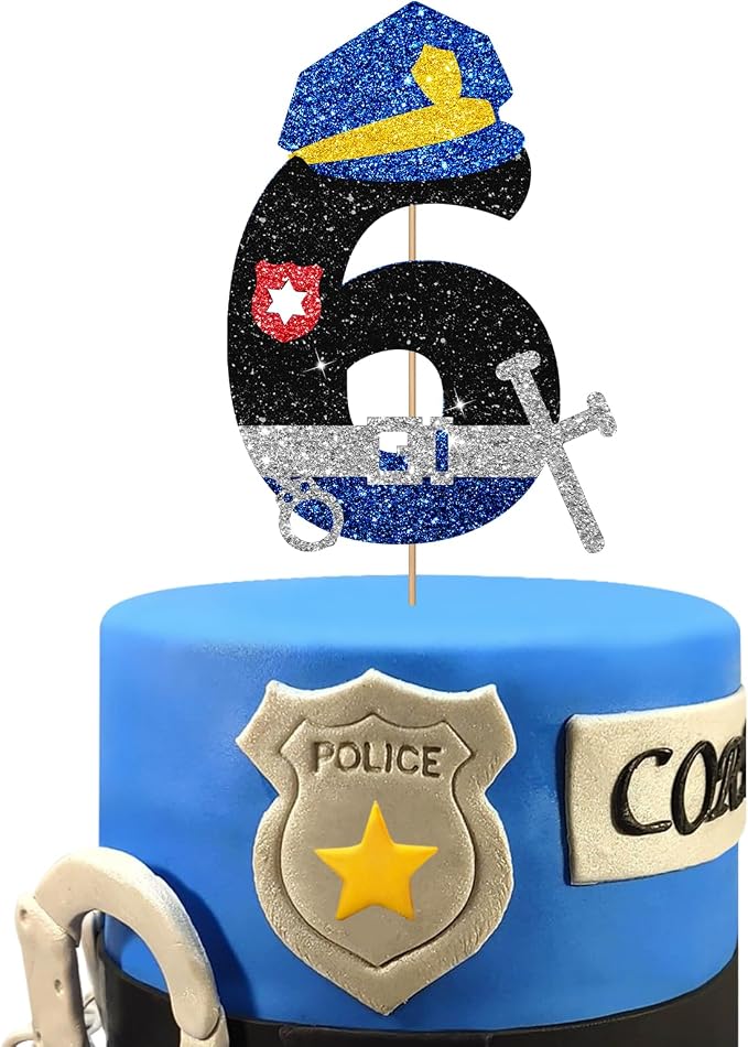 Amazon.com: Police 6th Birthday Cake Topper, Navy Blue Glitter Police ...